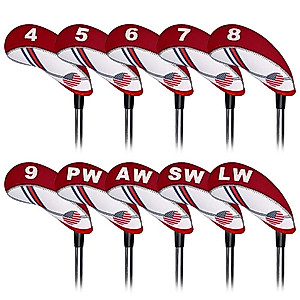BIG TEETH Golf Iron Head Covers 10Pcs Neoprene USA Flag Golf Club Protector Multi Color Golf Club Protector (Red)