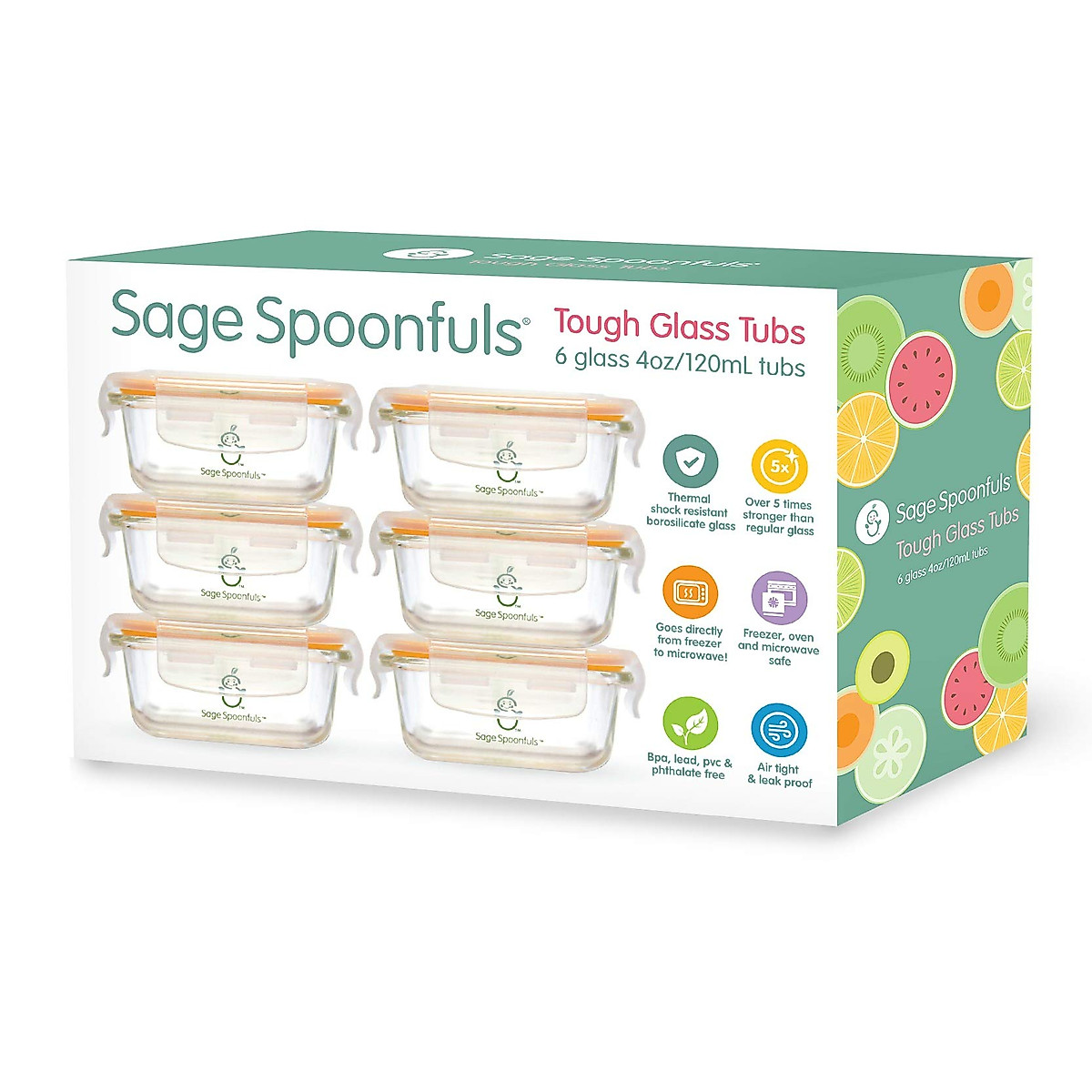 Sage Spoonfuls Glass Baby Food Containers with Lids - 6 Pack, 4 oz Baby Food Jars, Durable & Leakproof, Freezer Storage, Reusable Small Glass Baby Food Containers, Microwave & Dishwasher Friendly