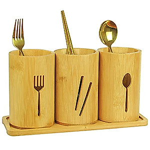 365Home Bamboo Silverware Organizer Flatware Utensil Caddy Bamboo Utensil Holder Wooden Cutlery Holder with Bamboo Tray for Kitchen Countertop Farmhouse (Forks, Chopsticks, Spoons)
