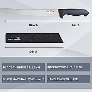 DELFINA 10 inch Bread Knife For Homemade Bread Sourdough W/Softgrip, Serrated Bread Knife Wave Edge W/Sheath For Crusty Breads, Cake, Bagel, Dishwasher Safe