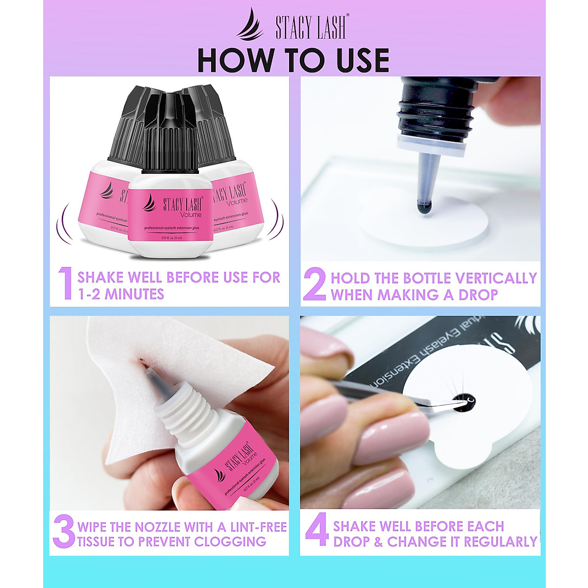 Volume Eyelash Extension Glue Stacy Lash 0.17fl.oz/5ml/3-4 Sec Drying Time/Retention 6 Weeks/Black Adhesive/Professional Supplies/Pegamento de Pestañas