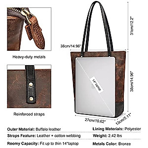 S-ZONE Vintage Genuine Leather Shoulder Bag Work Totes for Women Purse Handbag with Back Zipper Pocket Large