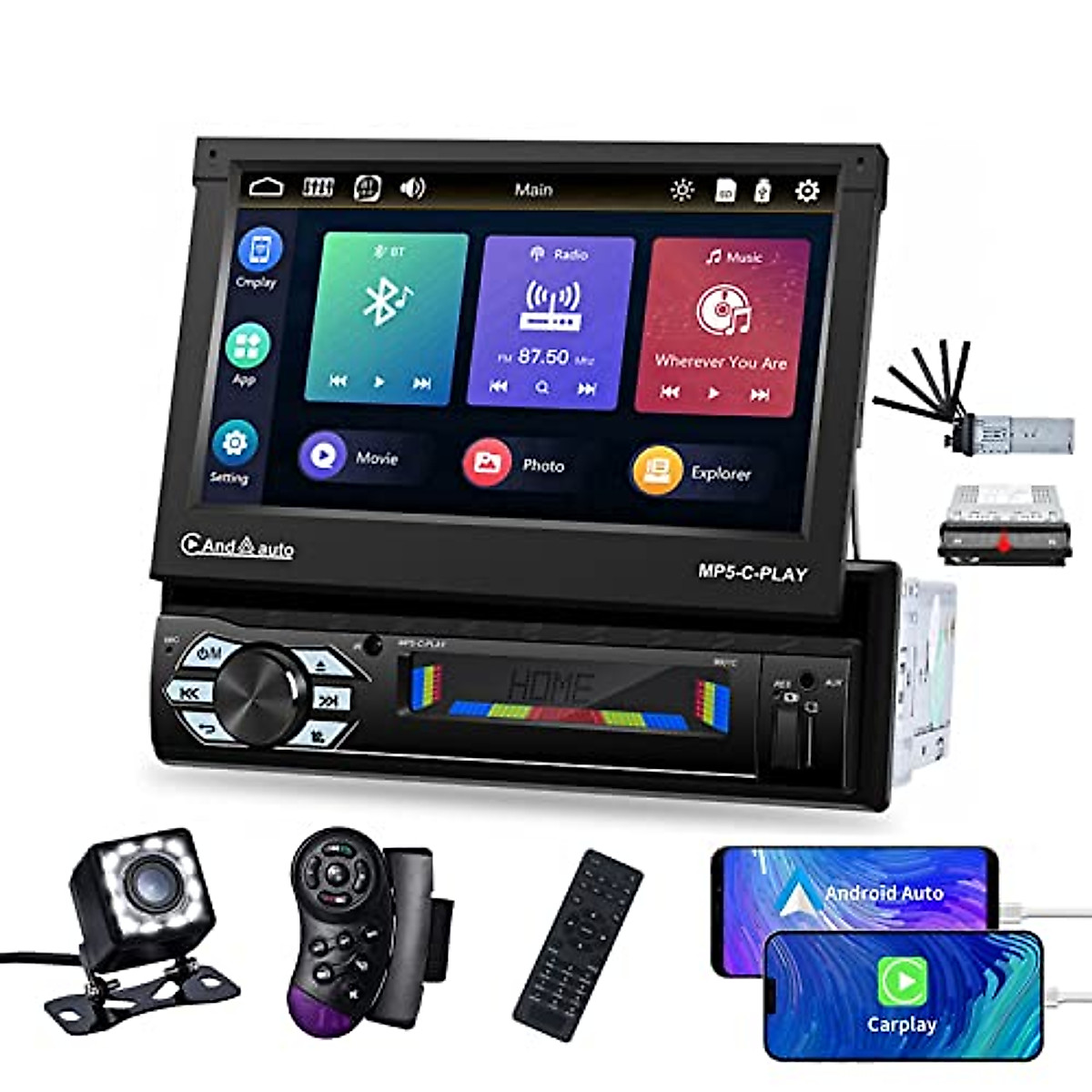CarThree Single Din Apple Carplay Car Stereo with Bluetooth and Backup Camera, 7inch flip Out Touch Screen Car Radio MP5 Player Support Android Auto,Subwoofer Mirror Link,USB,TF,FM,Aux-in,SWC