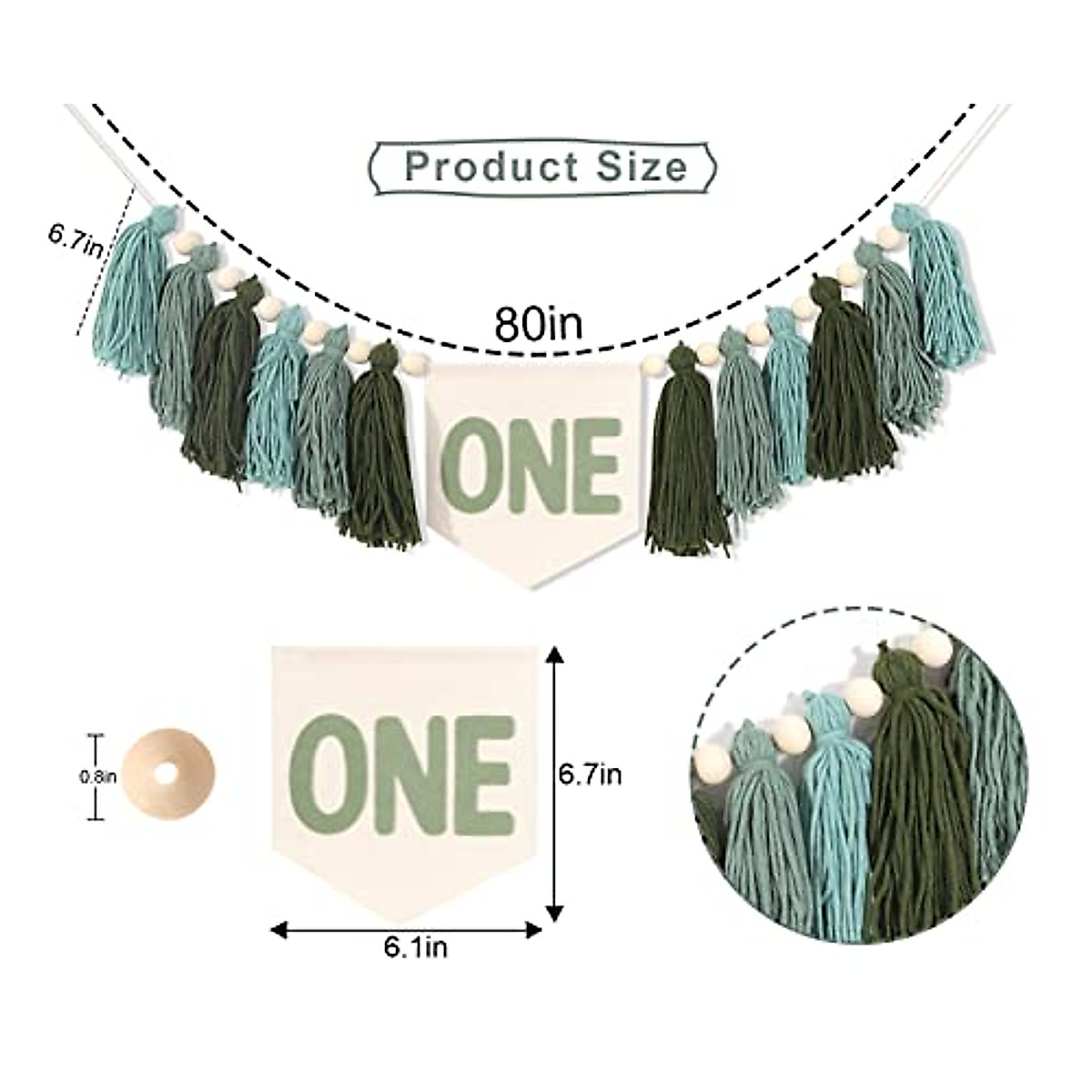Greenery 1st Birthday High Chair Banner,Nature 1st Birthday Highchair Banner , One Birthday High Chair Banner , Tassel Bunting , Wooden Tassel Garland (Greenery 1st Birthday Banner Green)
