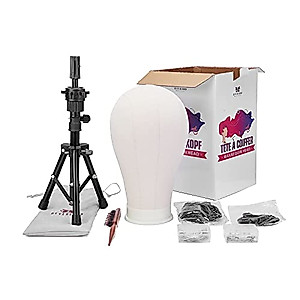 23 Inch Wig Head,Wig Stand Tripod with Head,Canvas Wig Head,Mannequin Head for Wigs,Manikin Canvas Head Block Set for Wigs Making Display with Wig caps,T Pins Set Bristle Brush