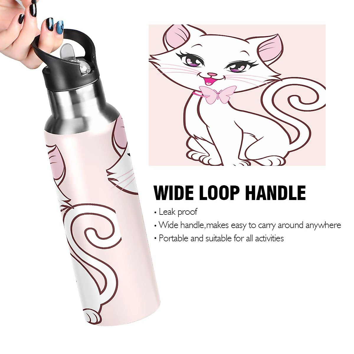 Kigai Cute Cat Water Bottle with Straw Lid 20oz Vacuum Insulated Stainless Steel Sport Water Bottles for Gym, School, Travel