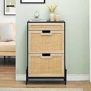 GAOMON Natural Rattan 2 Flip Door with 1 Drawer Shoe Rack Storage Cabinet, Shoe Cabinet Organizer Freestanding with 3-Tier Adjustable Shelves for Entryway, Entrance Hallway (2 Flip Doors, Black)