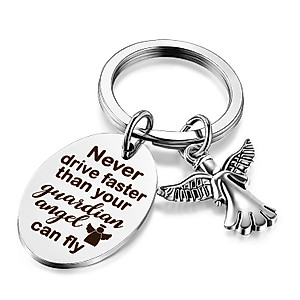 Hotop Sweet Guardian Angel Keychain New Driver Key Ring Gift Never Drive Faster Than Your Angel Can Fly Keychain Charm for Women Girls