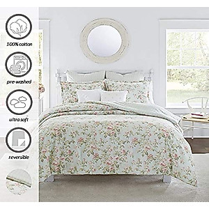 Laura Ashley Home - King Comforter Set, Reversible Cotton Bedding, Includes Matching Shams with Bonus Euro Shams & Throw Pillows (Madelynn Pastel Blue, King)