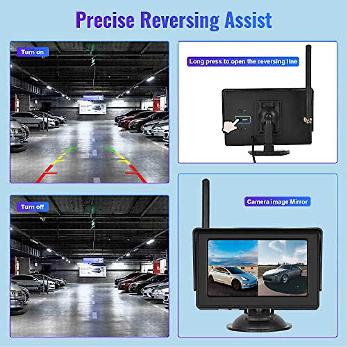 Wireless Backup Camera for Trucks Car Pickup Camper Van, 4.3 Inch IPS Monitor, HD 1080 Digital License Plate Rear View Camera Night Vision Waterproof Image Flip Grid Lines ON/Off