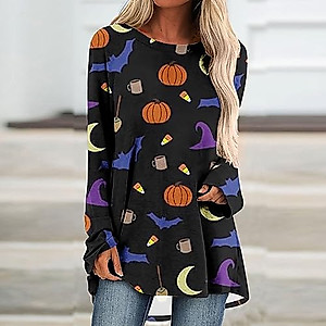 Halloween Shirts for Women 2023 Funny Pumpkin Ghost Graphic Tops Oversized Loose Long Sleeve Tunic Pullover