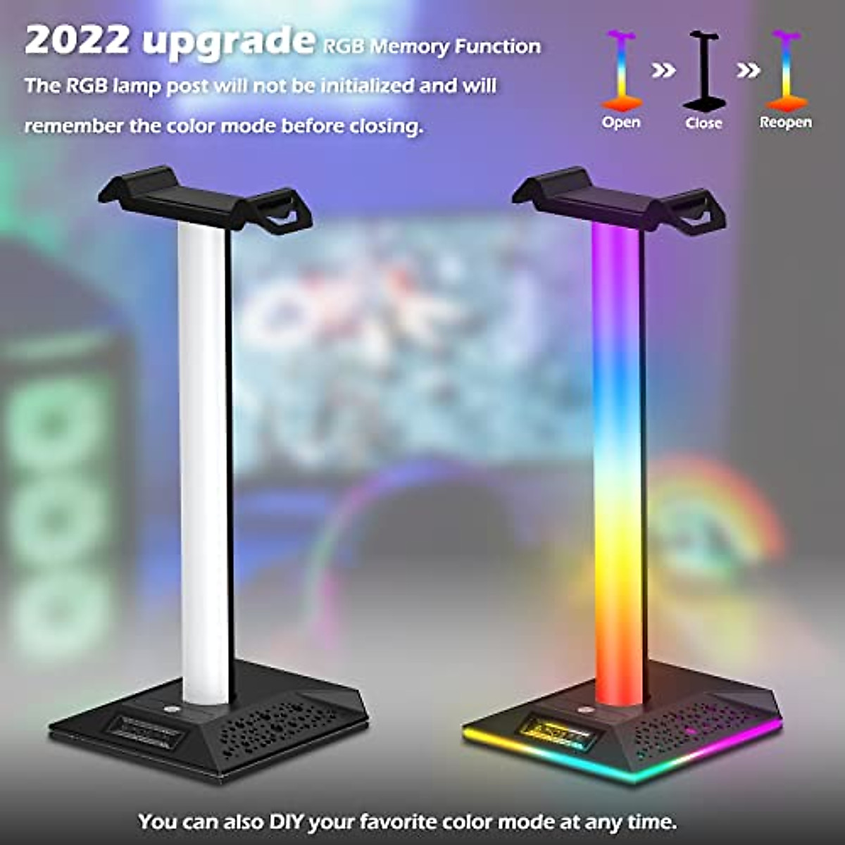 SIMOEFFI Upgraded RGB Gaming Headphones Stand, Headset Stand with 3.5mm AUX and 2 USB Charging Ports, Headphone Holder with 10 Light Modes and Memory Feature for Gamers PC Earphone Accessories Desk