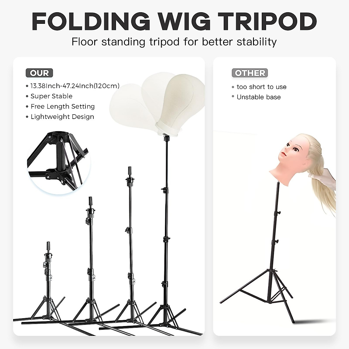 Neverland Beauty & Health 23 Inch Wig Stand Tripod with Mannequin Head, Wig Head Stand with Canvas Head for Wigs Making Display