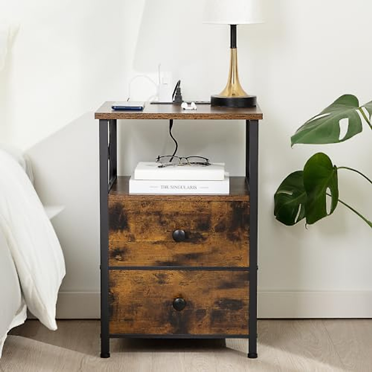 AMHANCIBLE End Table Living Room with Charging Station, Side Table with Fabric Drawer, Small Side Table with USB Ports and Outlets for Small Spaces Rustic Brown and Black HET05XBR1
