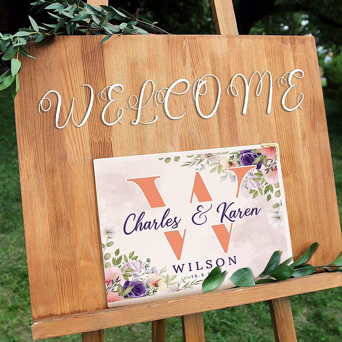 Personalized Wedding Guestbook w/Bride and Groom Name & Text & Date - 8 Floral Design 9"x7" Inches - Customized Hardcover Canvas Guest Book Registry Sign-in Gifts, Custom Large Signing Books Gift C1