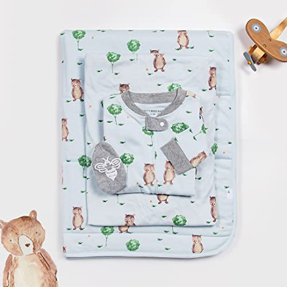 Burts Bees Baby Infant Reversible Blankets 100% Organic Cotton GOTS Certified - Storybook Bear Prints with Quilting Pattern Soft Nursery Blanket with 100% Polyester Fill for Size 30 x 40 Inch