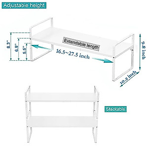 iPEGTOP Expandable Cabinet Storage Shelf Organizer Rack, Heavy Duty Steel Metal Spice Rack Adjustable Height Pantry Garage Shelf Space Riser for Counter Kitchen Organization, White, 1 Pack