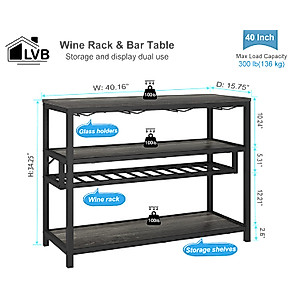 LVB Wine Rack Table, Liquor Bar Cabinet Freestanding Floor, Wooden Rustic Wine Storage with Wine Shelf and Glass Holder, Metal and Wood Modern Wine Cabinet for Home with Bottle Rack, Dark Gray Oak