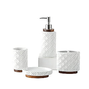 RQYIXI Bathroom Accessories Set 4 Pcs Toothbrush Holder Soap Dispenser Set Ceramic and Wood Bathroom Set Contain Toothbrush Cup Soap Dispenser Soap Dish Tumbler