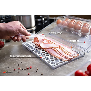 Pikanty - Bacon Container for Refrigerator | Fridge Storage and Deli Meat Keeper with Food Serving Tongs and Drain Plate | Dishwasher Safe | Made in USA