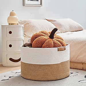 R RUNKA Extra Large Basket 22" x 14", Soft Woven Storage Basket with Leather Handles,Big Basket and Organizer for Laundry, Toys, Books and Baby Blankets