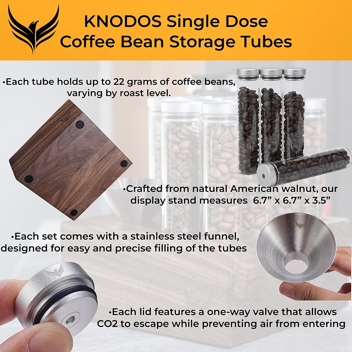 KNODOS Single Dose Coffee Bean Storage Tubes 12 pcs Glass Espresso Dosing Vials with One-Way Exhaust Valve Lids, Walnut Stand & Stainless Steel Funnel Coffee Bean Cellar