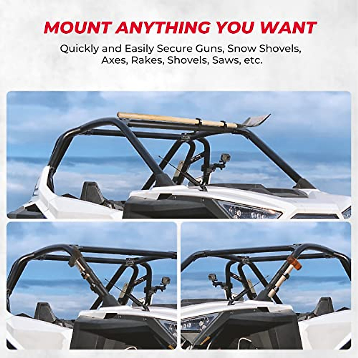 KEMIMOTO 4 Pack Shovel Holder Rubber Roof Rack Straps Fits 1.5"-3.5" Diameter Tools Clamp For 0.85"-2.5" Mounting Roll Bar.