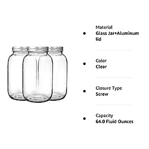 3 Pack Mason Jars 64 oz Wide Mouth with Lid and Band, Half Gallon, Airtight Lids , Clear, Glass (Set of 3)