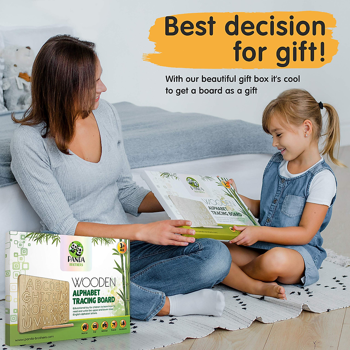 Panda Brothers Wooden Alphabet Tracing Board - Wooden Montessori Toys for 3 4 5 Year Old Kids, Educational Toy for Kids, Reversible Uppercase and Lowercase Letters, Fine Motor Skills Toys, STEM Toys