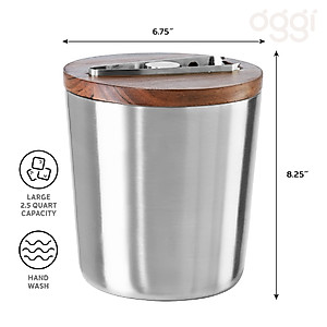 OGGI Modernist Satin Stainless Steel Ice Bucket- 2.3 Lt (2.5 Qt), Includes Acacia Wood Lid & Ice Tongs; Ideal as Bar Accessories, Champagne Bucket, Drink Chiller, Ice Bucket for Cocktail Bar