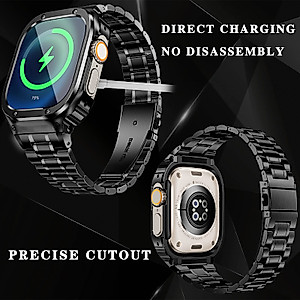 HASLFM Stainless Steel Watch Band with Case Compatible with Apple Watch Ultra/Ultra 2(49mm),Metal Strap and Rugged Protective Cover for iWatch Bands Cases Men, Black