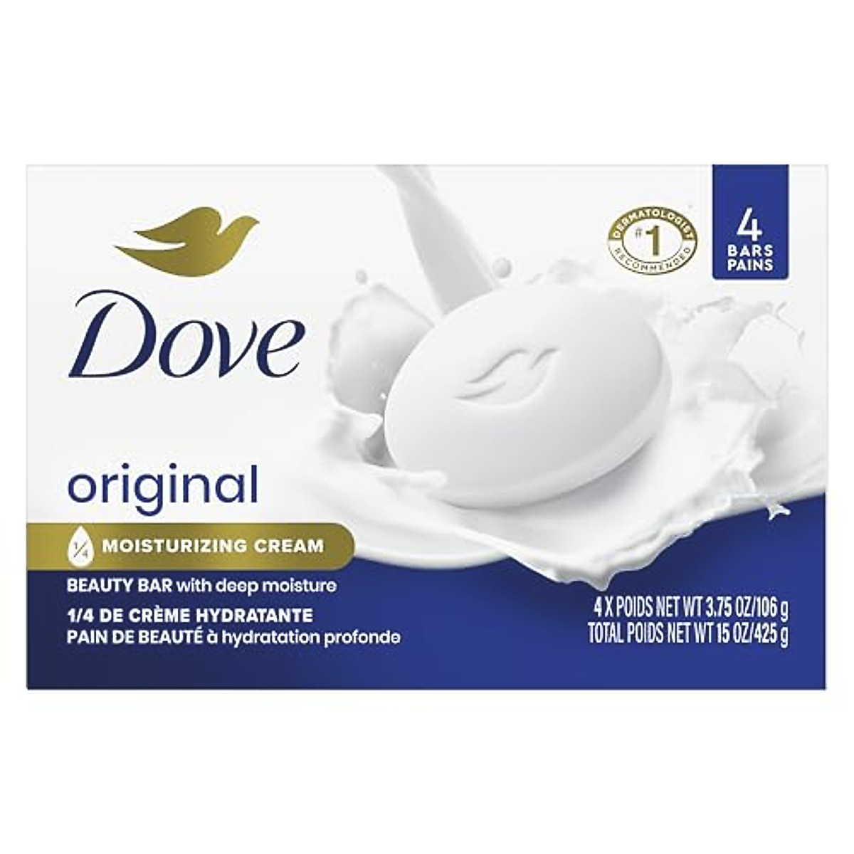 Dove Beauty Bar Soap Original 4 Count for Soft, Smooth Skin, with 1/4 Moisturizing Cream 3.75 oz