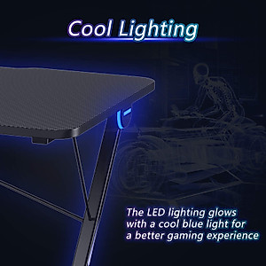 Tangkula Gaming Computer Desk, Z-Shaped Home Office Computer Table with LED Lights & Large Carbon Fiber Surface, Ergonomic Gamer Workstation, Writing Desk for Home Office