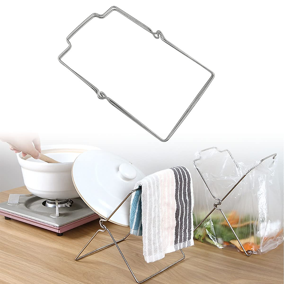 DGHAOP Desktop Trash Bag Holder Dishcloth Towel Rack Foldable Stainless Steel Garbage Bag Shelf