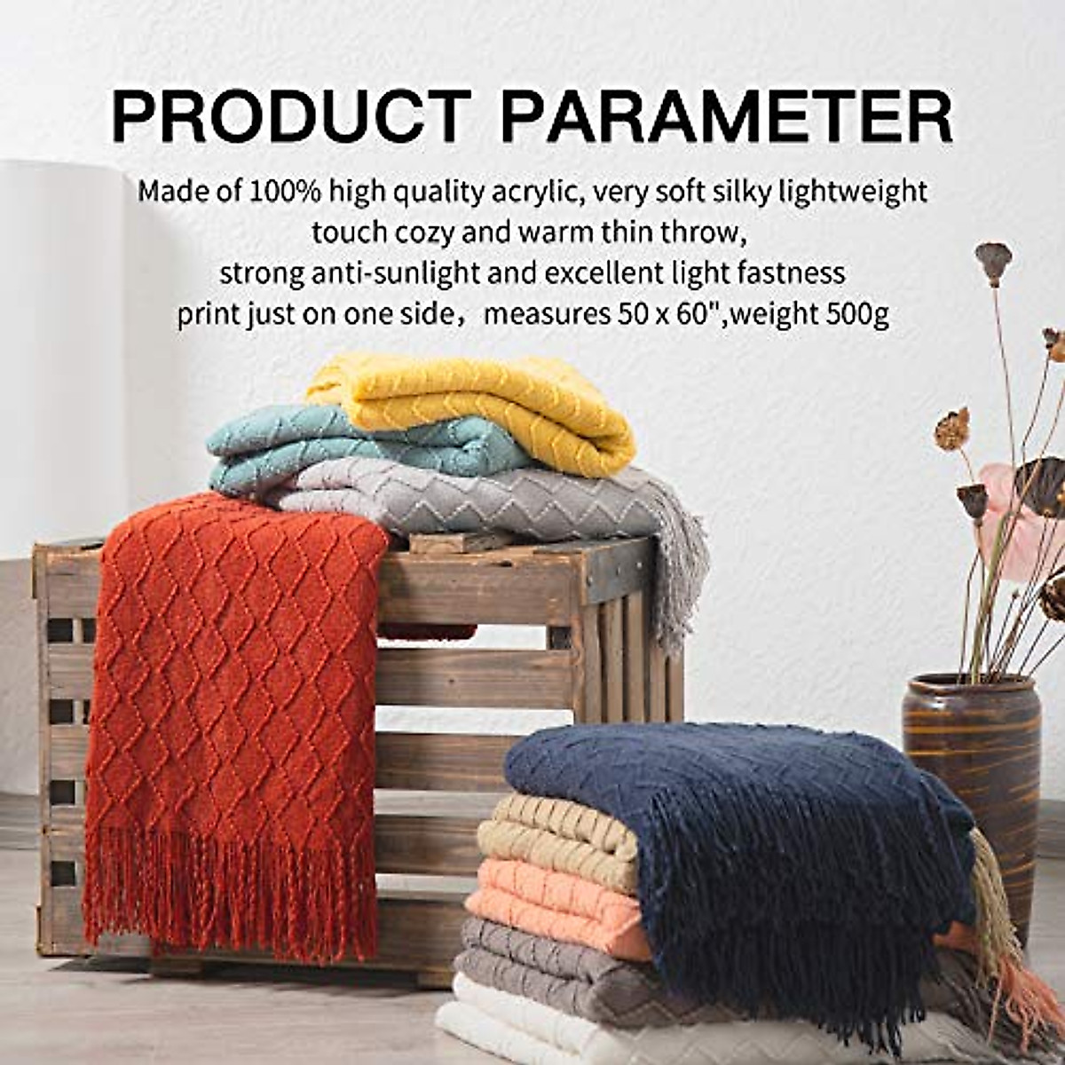 SPAOMY Throw Blanket, Knit Blanket with Tassels, Textured Cozy Lightweight Decorative Throw Blanket for Couch, Bed, Sofa, Travel- All Seasons (50x60 Inch, Beige)