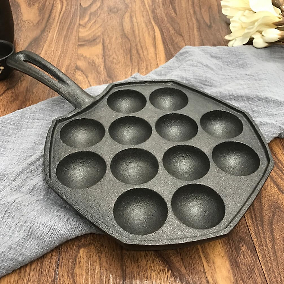 DOITOOL 2 Pcs Cast Iron Takoyaki Pan,12 Hole Heavy Duty Takoyaki Grill Pan,Non-Stick Takoyaki Maker Mold Skillet Baking Tray Octopus Meatball Maker