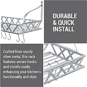 MyGift Wall Mounted Black Metal Kitchen Pots and Pans Storage Rack with Display Shelf Includes 12 Removable S Hooks