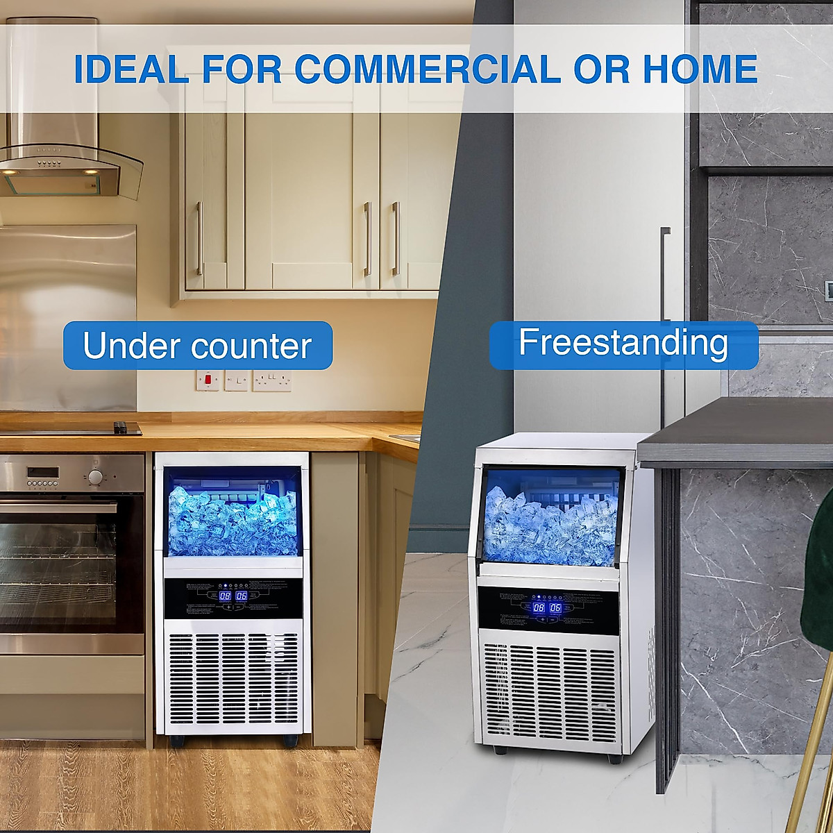 Commercial Ice Maker Machine, 90LBS/24H Ice Maker, Stainless Steel Freestanding/Under Counter Ice Machine with 25LBS Bin, 45 Ice Cubes, Self-Cleaning, Scoop, Ideal for Home Bar Offices