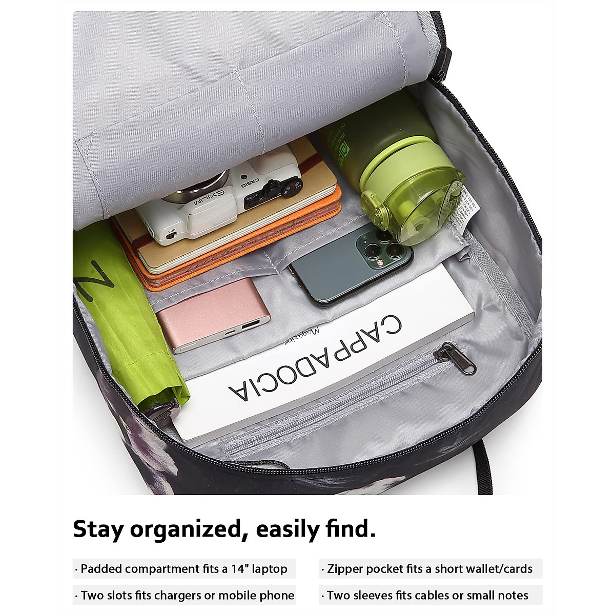 HotStyle BESTIE Floral Backpack, Stylish Bag for College Travel Work Everyday, Black