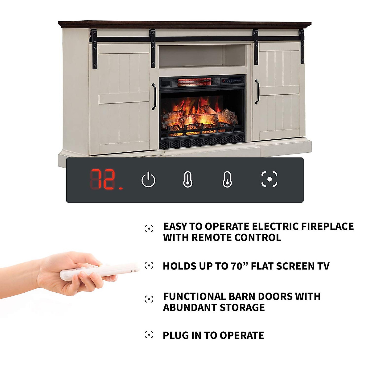 ClassicFlame Hogan 66" Farmhouse Fireplace TV Stand & 26" Electric Infrared Firebox with Log Set - Weathered White, 26MM90273-W476 & 26II042FGL