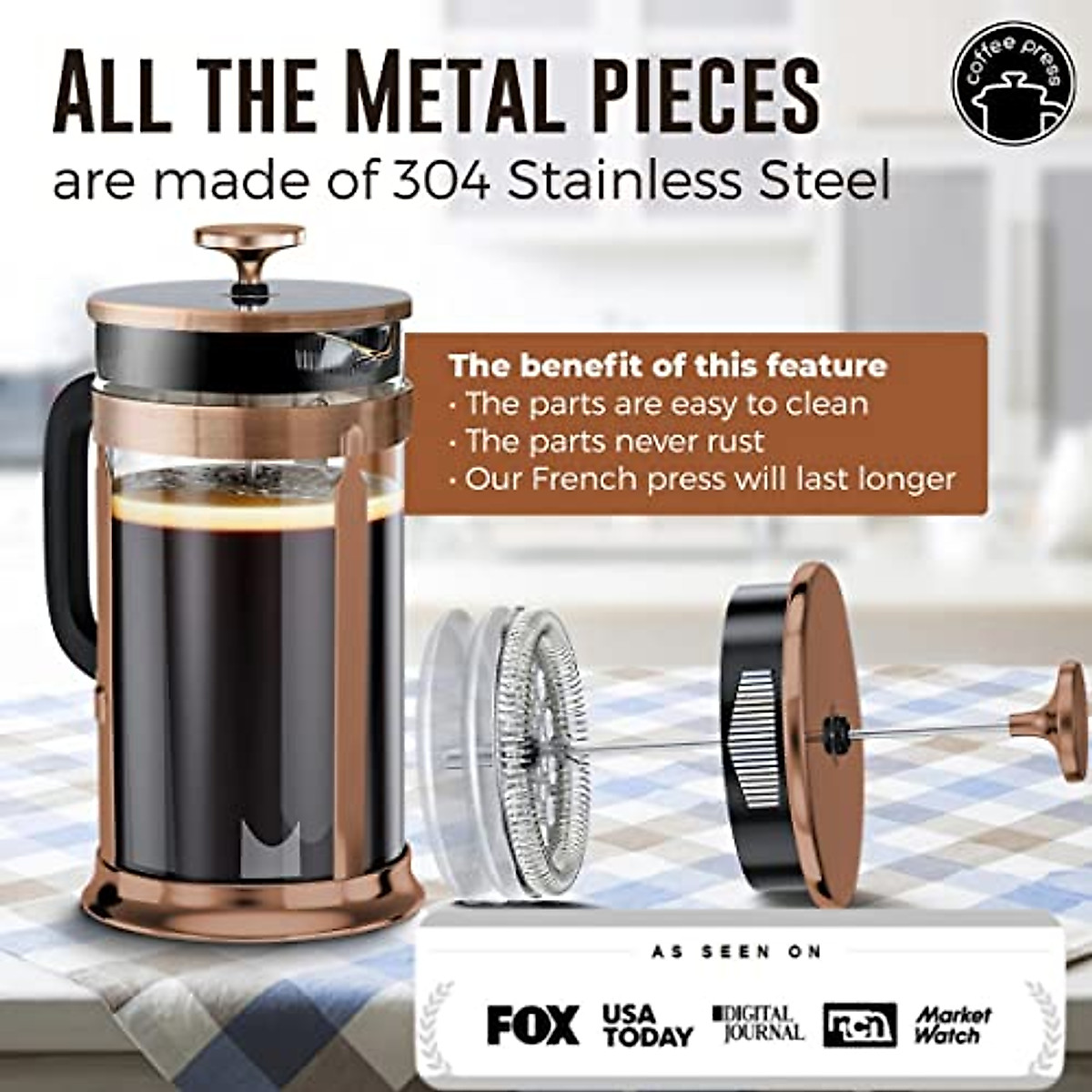 coffee press French Press Coffee Maker with 2 Extra Screens, 34oz, French Press Stainless Steel 304 Grade, Easy Disassemble Design Double Filter, Thick Heat Resistant Glass Pot (Copper)