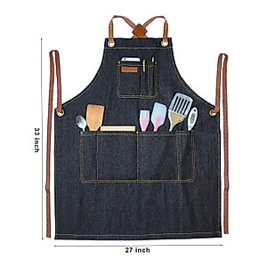 DingSay Trendy Professional Black Denim Apron with Pockets for Chef Cooking Kitchen Grill BBQ Hairstylist Painting, Mens Womens Apron with Leather Cross Back Straps