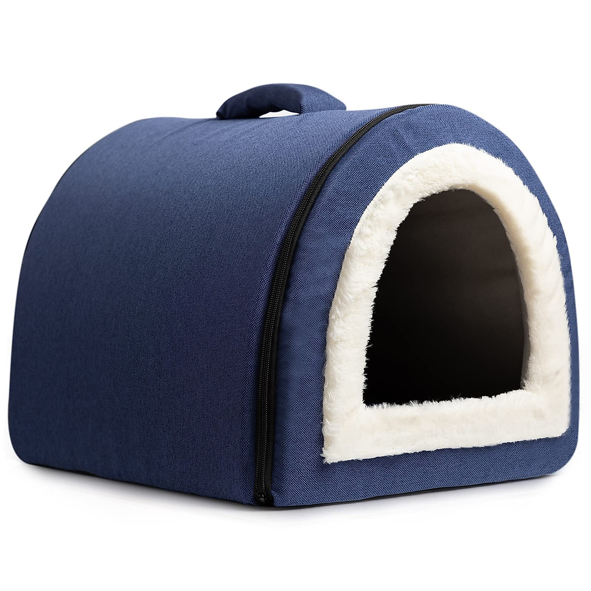Hollypet Linen Cat Bed, Self-Warming 2 in 1 Foldable Cave House Animal Shape Nest Pet Sleeping Bed, Blue