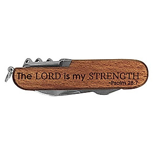 Christian Gifts for Men Lord is My Strength Engraved Dark Wood 6 Function Pocket Knife Dark Brown