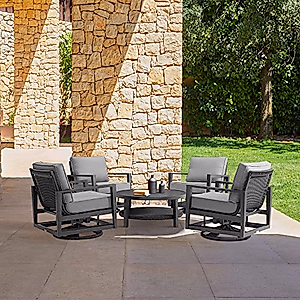 Armen Living Grand Black Aluminum Outdoor Swivel Glider Chair with Dark Gray Cushions
