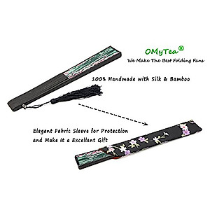 OMyTea® Women Hand Held Silk Folding Fan with Bamboo Frame - with a Fabric Sleeve for Protection for Gifts - Sakura Cherry Blossom Pattern (WZS-2)