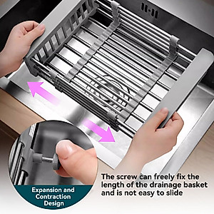 Over The Sink Dish Drying Rack, Retractable Stainless Steel Sink Strainer Telescopic Drain Basket Kitchen Rack Drain Basket Sink Organizer for Vegetable and Fruit(L-Gray)