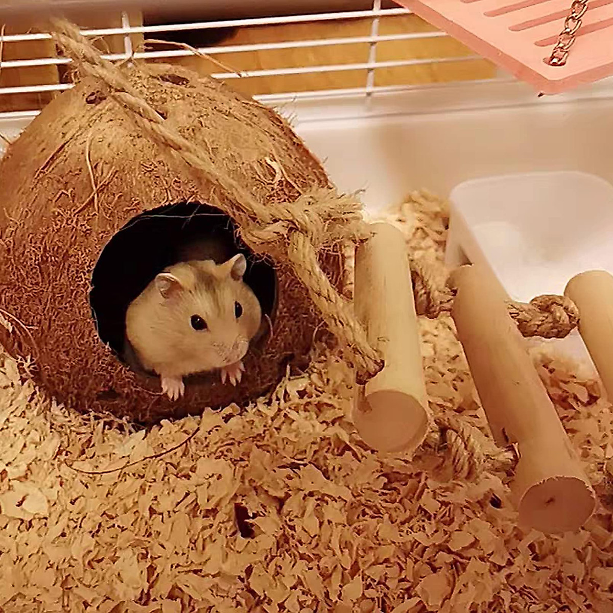 Bird Hides Coconut Nest with Wood Ladder,Syrian Hamster Cage Hanging Natural Coco Shell Hut Hide Toy with Wooden Bridge,Hollow Hideaway Toys for Small Animal Rat Lovebird Finches