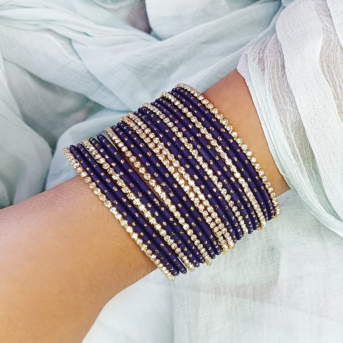 Efulgenz Indian Bangle Set Rhinestone CZ Plain Metal Bracelet Bangle Jewelry for Women (20 Pcs) Size-2.6, Blue