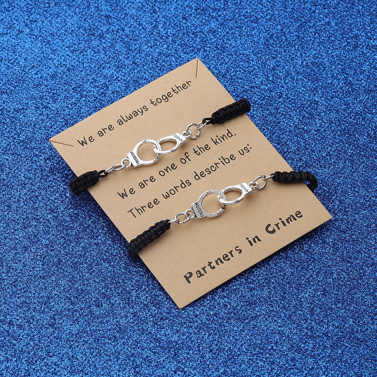 WUSUANED Partners In Crime Friendship Bracelets Handcuff Charms Friendship Symbol Jewelry For 2 Message Crad Gifts For Family Friends (Partner in crime bracelet set)
